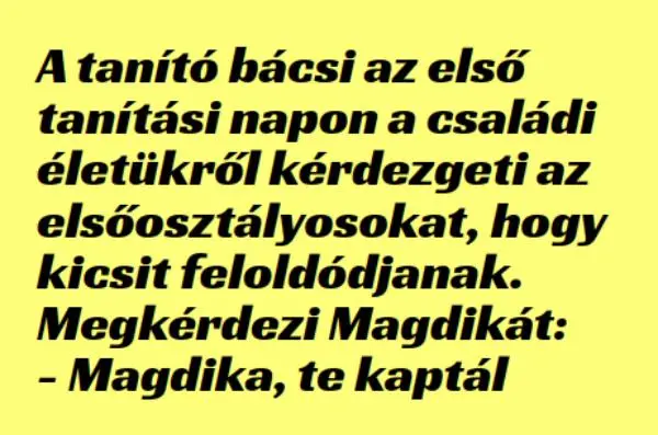 Vicc: A tanító bácsi az első tanítási napon a családi életükről...